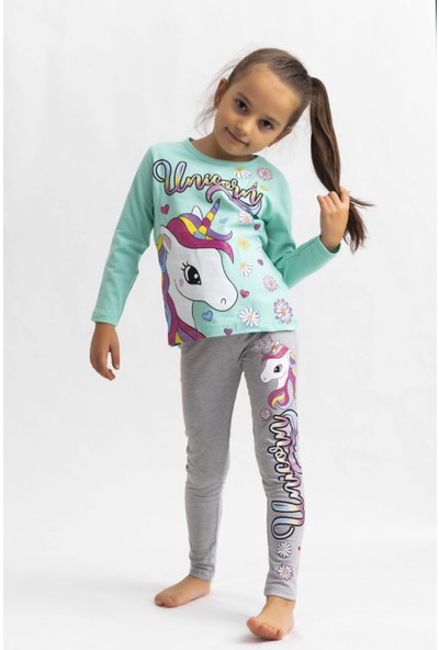 Harika Kids Kız Çocuk Unicorn Desen Duz Taytlı Takımı 3-10 Yaş