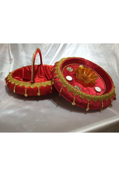 Yerli Kına Gecesi Kına Malzemesi Kadife Kına Sepeti ve Kına Tepsisi Kırmızı Renk