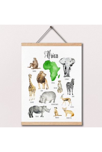 DekorLoft Dekor Loft Montessori Ingilizce Eğitici Poster Afrika Kıta Hayvanları Pu Deri Çocuk Odası Duvar Tablosu