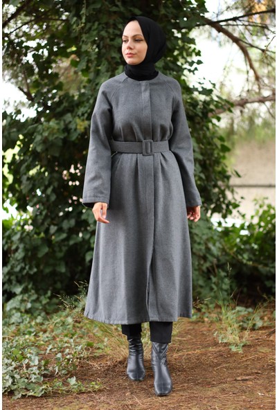 Saretex Beli Kemerli Gizli Düğmeli Kaşe Kaban Füme