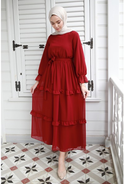 Saretex Fırfır Detaylı Kolları Büzgülü Şifon Elbise Bordo
