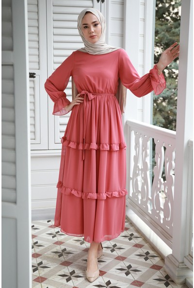 Saretex Fırfır Detaylı Kolları Büzgülü Şifon Elbise Somon