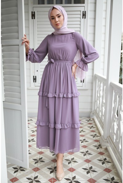 Saretex Fırfır Detaylı Kolları Büzgülü Şifon Elbise Lila