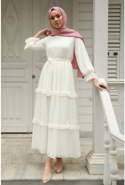 Saretex Fırfır Detaylı Kolları Büzgülü Şifon Elbise Beyaz Saretex Fırfır Detaylı Kolları Büzgülü Şifon Elbise Beyaz