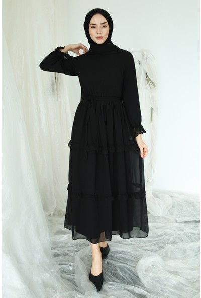 Saretex Fırfır Detaylı Kolları Büzgülü Şifon Elbise Siyah