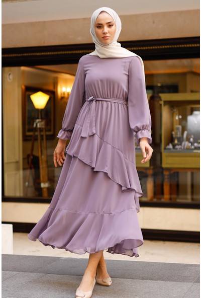 Saretex Önden Fırfır Detaylı Kolları Büzgülü Şifon Elbise Lila