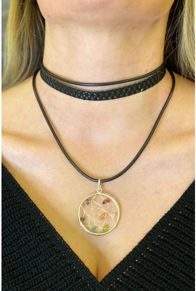Kutcha Accessories Doğaltaşlı Yuvarlak Ağ Siyah Deri Tasarım Kolye