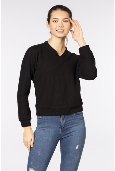 Barrles And Oil 91-20K07003.91 Kadın Siyah V Yaka Selanik Sweatshirt