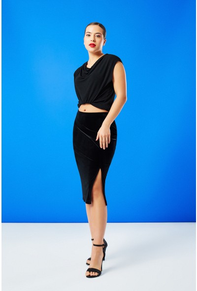 Gusto Kadife Midi Etek - Siyah