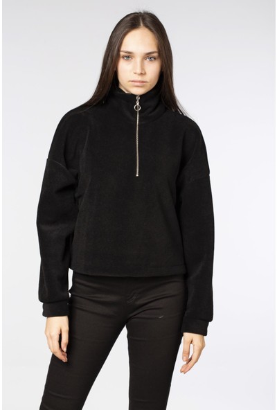 Barrels And Oil 275-20K07012.91 Kadın Siyah Yarım Fermuarlı Polar Sweat