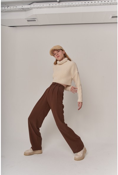 Holly Lolly Kadın Kahverengi Yüksek Bel Palazzo Palasia Pantolon Holly Lolly Kadın Kahverengi Yüksek Bel Palazzo Palasia Pantolon