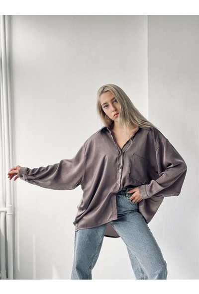 Retrobird Saten Oversize Gömlek Kadın Vizon Retrobird Saten Oversize Gömlek Kadın Vizon