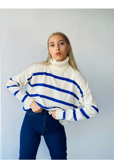 Retrobird Boğazlı Çizgili Ince Triko Kadın Kazak Saks Mavi