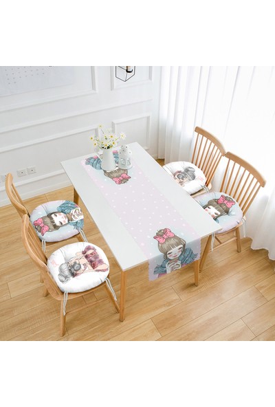 RealHomes Kahve Içen Kız & Fotoğraf Çeken Kız Tasarımlı 4 Yuvarlak Pofidik Sandalye Minderi ve 1 Runner Seti