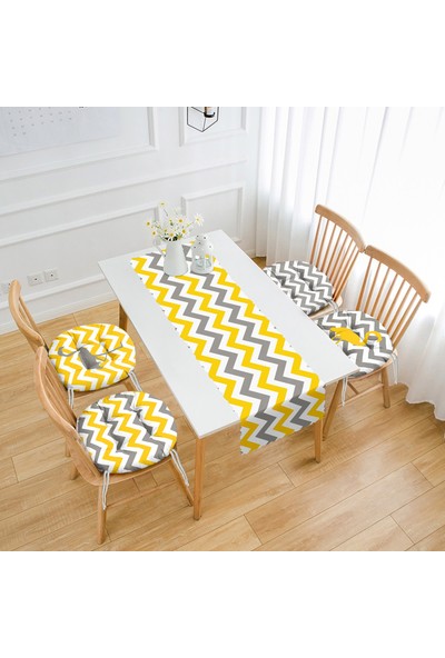 RealHomes Sarı & Gri Zigzag ve Flamingo Motifli 4 Yuvarlak Pofidik Sandalye Minderi ve 1 Runner Seti