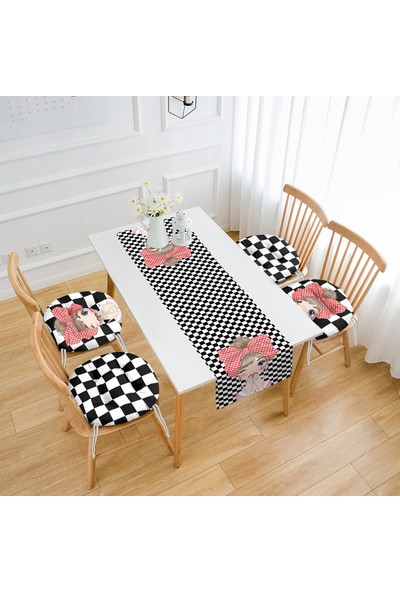 RealHomes Dama Zeminli Fashion Girl Tasarımlı 4 Yuvarlak Pofidik Sandalye Minderi ve 1 Runner Seti