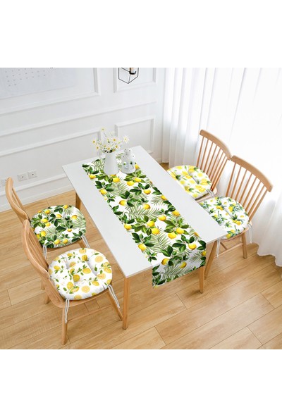 RealHomes Limon Motifli 4 Yuvarlak Pofidik Sandalye Minderi ve 1 Runner Seti