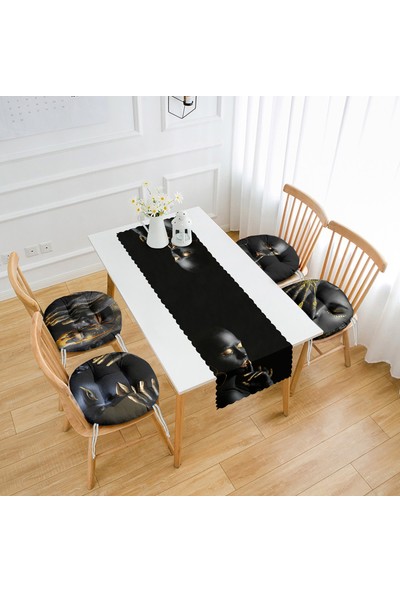 RealHomes Siyah Zeminde Siyahi Kadın Tasarımları 4 Yuvarlak Pofidik Sandalye Minderi ve 1 Runner Seti