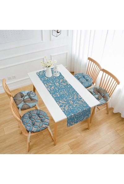 RealHomes Mavi Damask Tasarımlı 4 Yuvarlak Pofidik Sandalye Minderi ve 1 Runner Seti RealHomes Mavi Damask Tasarımlı 4 Yuvarlak Pofidik Sandalye Minderi ve 1 Runner Seti