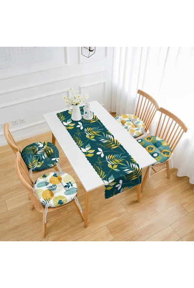 RealHomes Tropik Yaprak Tasarımlı 4 Yuvarlak Pofidik Sandalye Minderi ve 1 Runner Seti