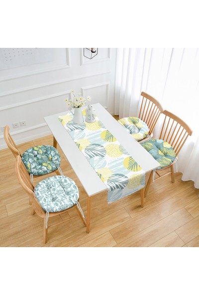 RealHomes Modern Yaprak Tasarımlı 4 Yuvarlak Pofidik Sandalye Minderi ve 1 Runner Seti