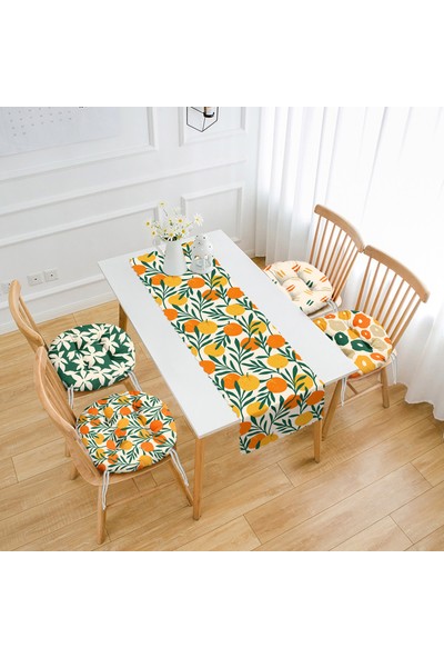RealHomes Krem Zeminli Portakal Tasarımlı 4 Yuvarlak Pofidik Sandalye Minderi ve 1 Runner Seti RealHomes Krem Zeminli Portakal Tasarımlı 4 Yuvarlak Pofidik Sandalye Minderi ve 1 Runner Seti