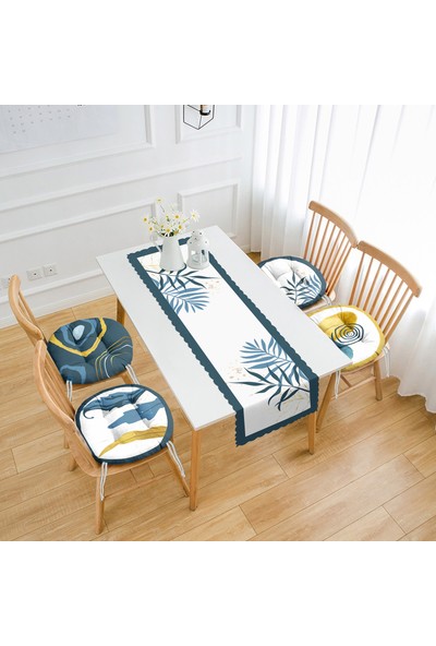 RealHomes Renkli Egzotik Yaprak Tasarımlı 4 Yuvarlak Pofidik Sandalye Minderi ve 1 Runner Seti RealHomes Renkli Egzotik Yaprak Tasarımlı 4 Yuvarlak Pofidik Sandalye Minderi ve 1 Runner Seti