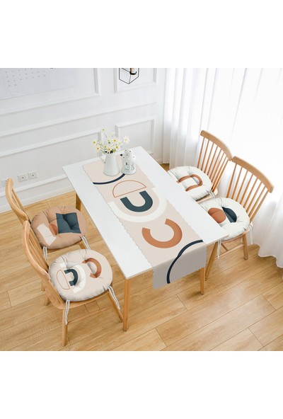 RealHomes Soyut Tasarımlı 4 Yuvarlak Pofidik Sandalye Minderi ve 1 Runner Seti