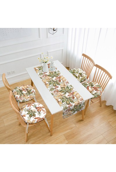 RealHomes Kurumuş Tropik Yaprak Çizimli 4 Yuvarlak Pofidik Sandalye Minderi ve 1 Runner Seti