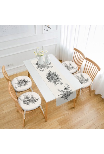 RealHomes Krem Zeminli Karakalem Çiçek Demeti Motifli 4 Yuvarlak Pofidik Sandalye Minderi ve 1 Runner Seti