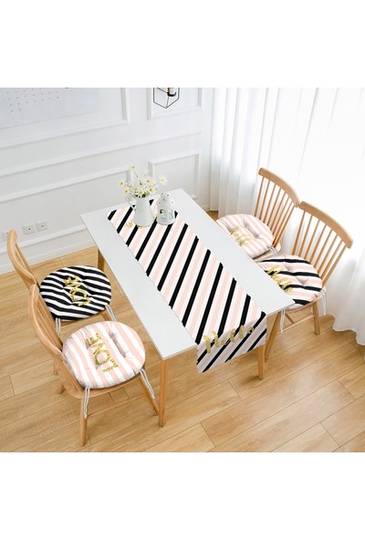 RealHomes Çizgili Zeminde Hello & Love Özel Tasarımlı 4 Yuvarlak Pofidik Sandalye Minderi ve 1 Runner Seti