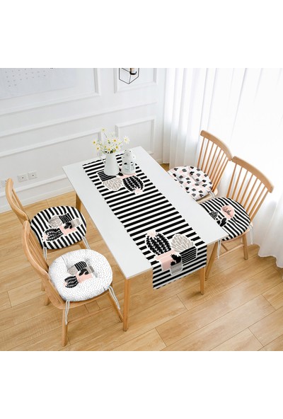 RealHomes Çizgili Kaktüs Tasarımlı 4 Yuvarlak Pofidik Sandalye Minderi ve 1 Runner Seti