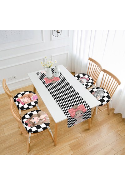 RealHomes Dama Zemin Fashion Girl Motifli 4 Yuvarlak Pofidik Sandalye Minderi ve 1 Runner Seti