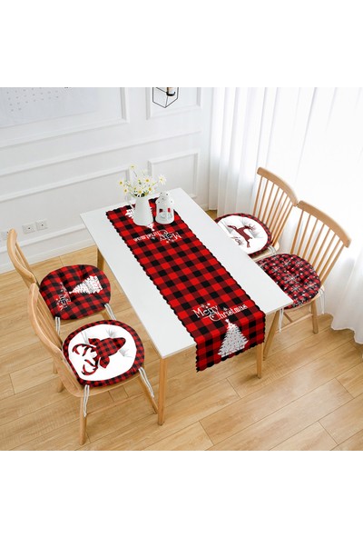 RealHomes Mery Christmas Yılbaşı Tasarımlı 4 Yuvarlak Pofidik Sandalye Minderi ve 1 Runner Seti
