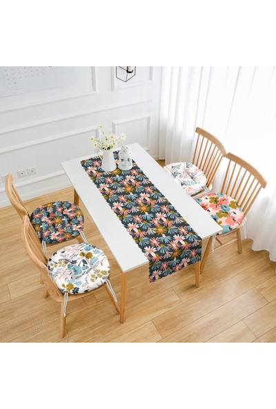 RealHomes Renkli Çiçek Tasarımlı 4 Yuvarlak Pofidik Sandalye Minderi ve 1 Runner Seti