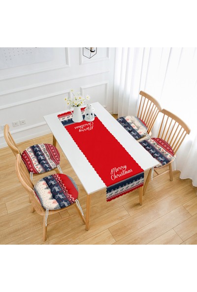 RealHomes Mery Christmas Geyik Motifli 4 Yuvarlak Pofidik Sandalye Minderi ve 1 Runner Seti RealHomes Mery Christmas Geyik Motifli 4 Yuvarlak Pofidik Sandalye Minderi ve 1 Runner Seti