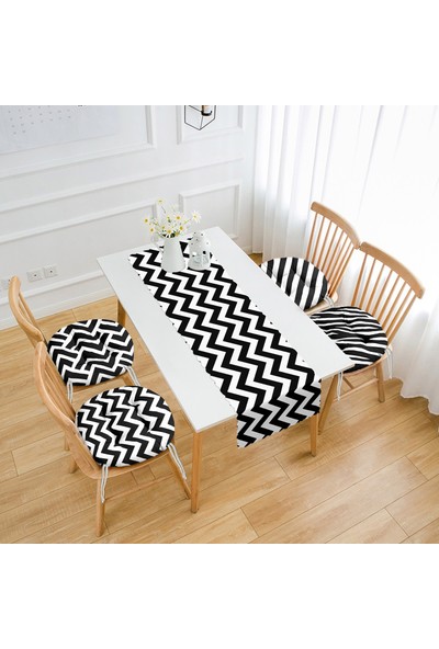 RealHomes Siyah Beyaz Geometrik Tasarımlı 4 Yuvarlak Pofidik Sandalye Minderi ve 1 Runner Seti