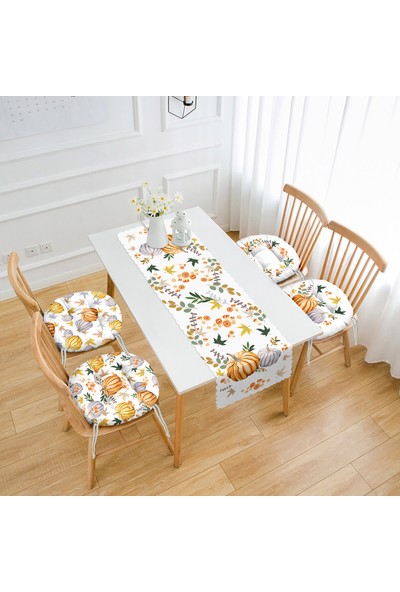 RealHomes Özel Tasarım Kabak Desenli 4 Yuvarlak Pofidik Sandalye Minderi ve 1 Runner Seti