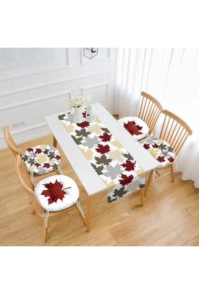 RealHomes Ekose Yaprak Özel Tasarımlı 4 Yuvarlak Pofidik Sandalye Minderi ve 1 Runner Seti