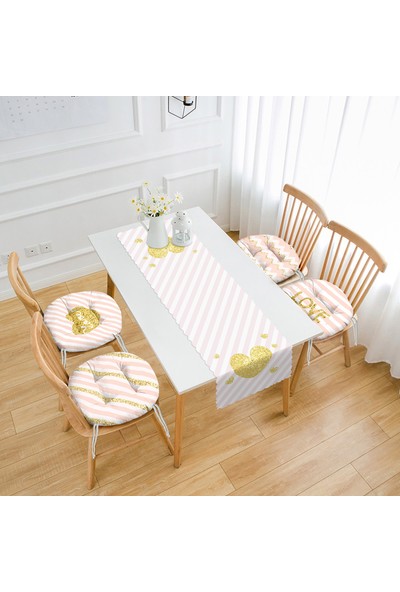 RealHomes Pembe Çizgili Gold Detaylı Özel Tasarım 4 Yuvarlak Pofidik Sandalye Minderi ve 1 Runner Seti RealHomes Pembe Çizgili Gold Detaylı Özel Tasarım 4 Yuvarlak Pofidik Sandalye Minderi ve 1 Runner Seti