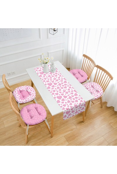 RealHomes Özel Tasarım Pembe Kalpli Aşk Temalı 4 Yuvarlak Pofidik Sandalye Minderi ve 1 Runner Seti