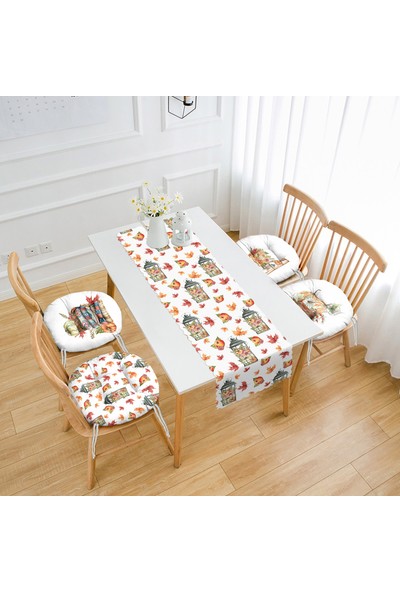 RealHomes Sonbahar Temalı Yaprak Tasarımlı 4 Yuvarlak Pofidik Sandalye Minderi ve 1 Runner Seti RealHomes Sonbahar Temalı Yaprak Tasarımlı 4 Yuvarlak Pofidik Sandalye Minderi ve 1 Runner Seti