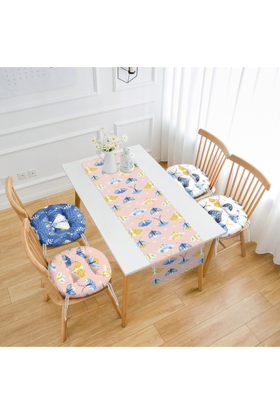 RealHomes Renkli Kelebek Özel Tasarımlı 4 Yuvarlak Pofidik Sandalye Minderi ve 1 Runner Seti