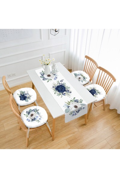 RealHomes Mavi & Beyaz Gül Özel Tasarım 4 Yuvarlak Pofidik Sandalye Minderi ve 1 Runner Seti
