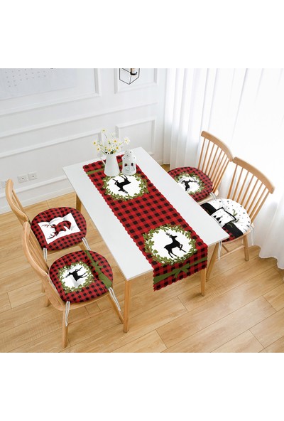 RealHomes Kırmızı Ekose Zeminli Yılbaşı Temalı 4 Yuvarlak Pofidik Sandalye Minderi ve 1 Runner Seti
