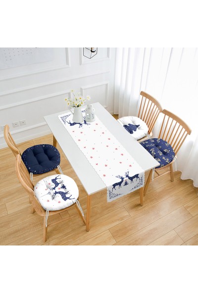 RealHomes Lacivert Renkli Yılbaşı Temalı 4 Yuvarlak Pofidik Sandalye Minderi ve 1 Runner Seti