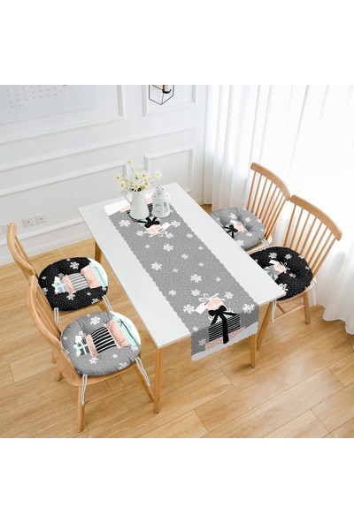 RealHomes Gri & Siyah Yılbaşı Hediye Paketleri Özel Tasarım 4 Yuvarlak Pofidik Sandalye Minderi 1 Runner Seti