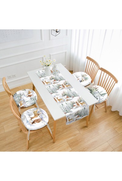 RealHomes Kış Temalı Geyik Detaylı Bağ Evi Konseptli 4 Yuvarlak Pofidik Sandalye Minderi ve 1 Runner Seti