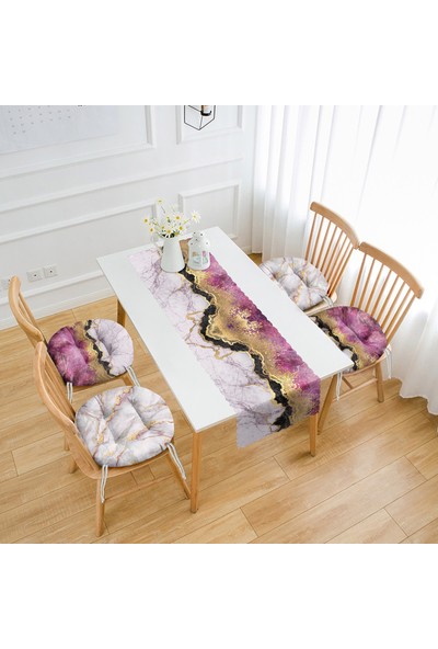 RealHomes Mor Mermer Tasarımlı 4 Yuvarlak Pofidik Sandalye Minderi ve 1 Runner Seti