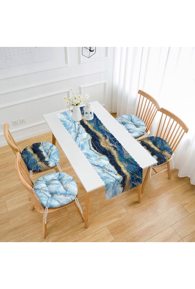 RealHomes Mavi Mermer Tasarımlı 4 Yuvarlak Pofidik Sandalye Minderi ve 1 Runner Seti RealHomes Mavi Mermer Tasarımlı 4 Yuvarlak Pofidik Sandalye Minderi ve 1 Runner Seti